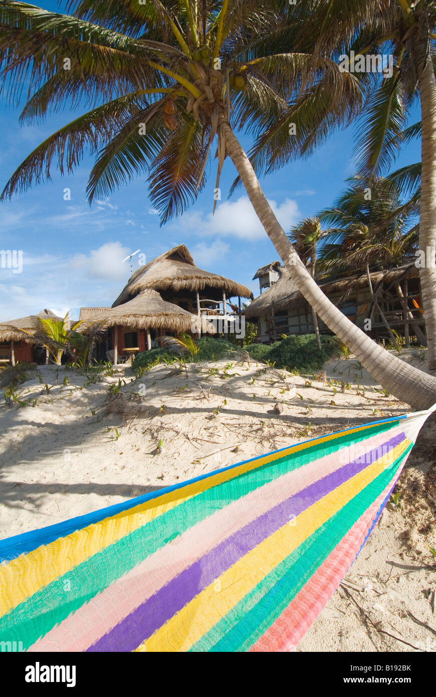 Colorful hammock in front of thatched roof cabanas Tulum Mexico Stock ...