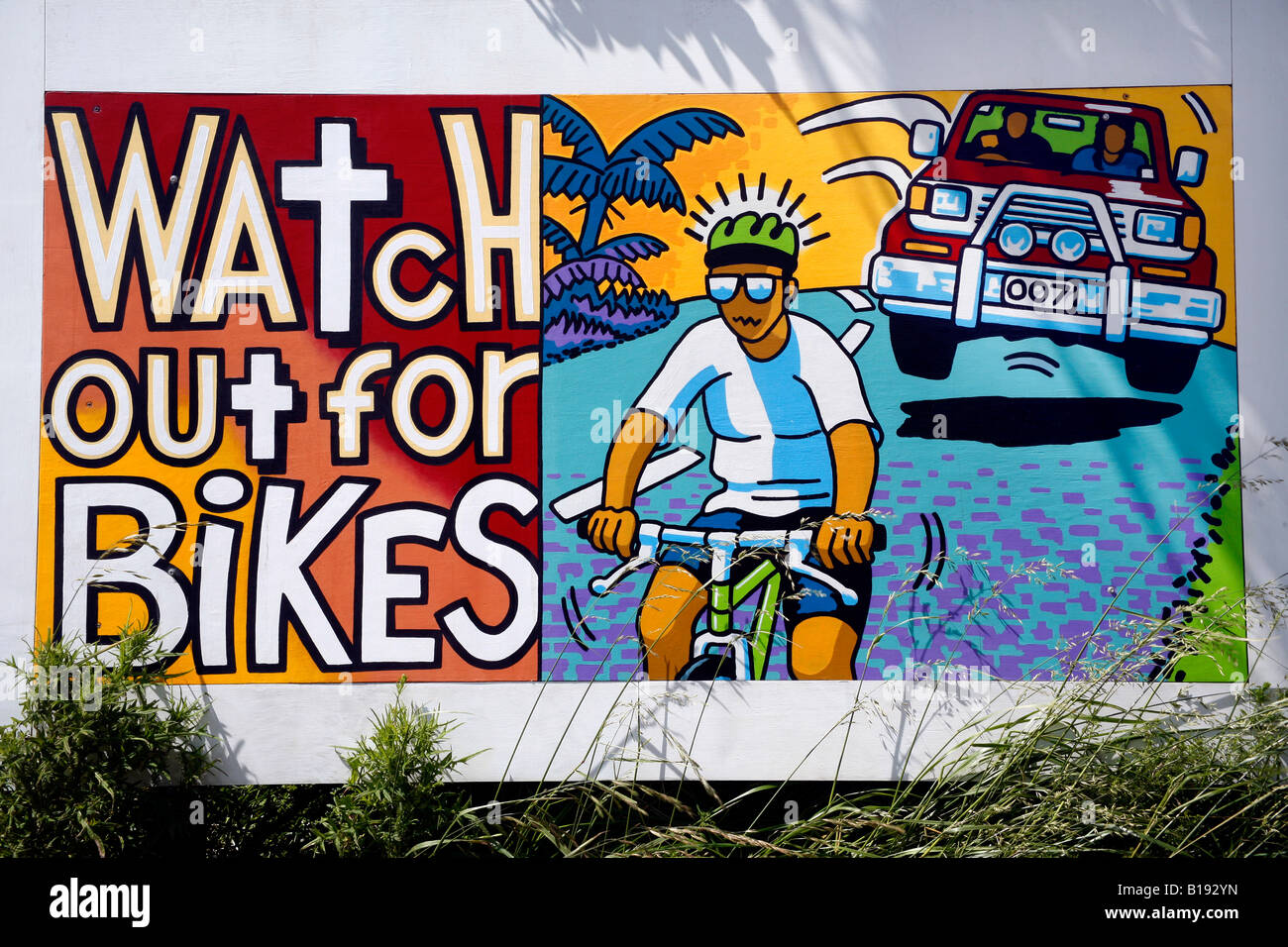 Cycle warning sign, Golden Bay, South Island, New Zealand Stock Photo ...