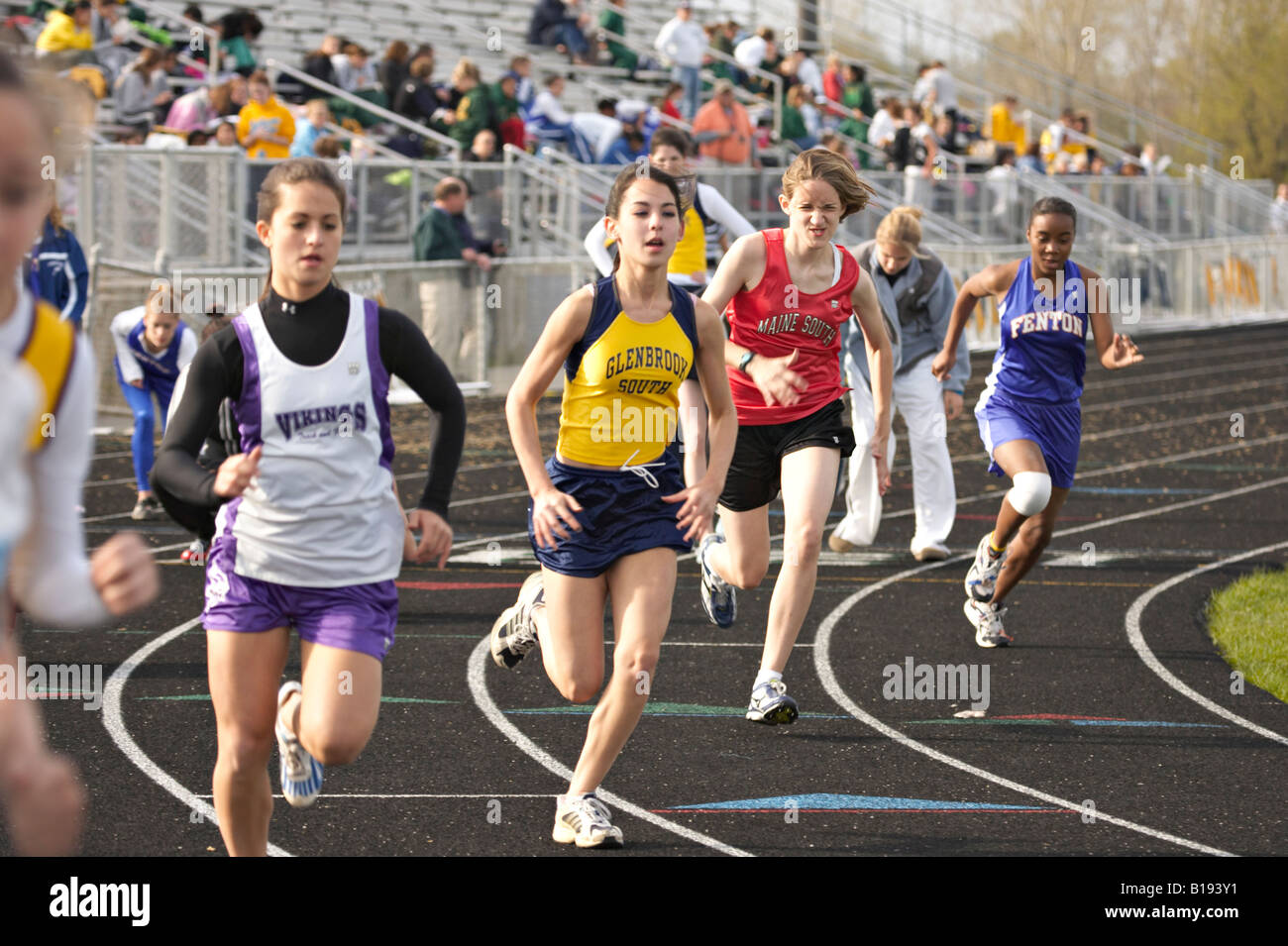 TRACK Glenview Illinois Female sprinters at start of race on turn high ...