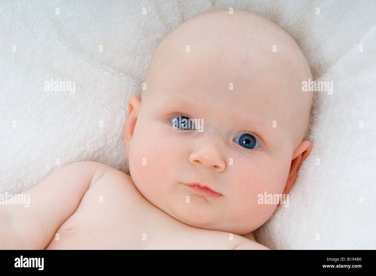 Closeup of a caucasian baby with blue eyes laid on its back Stock Photo ...
