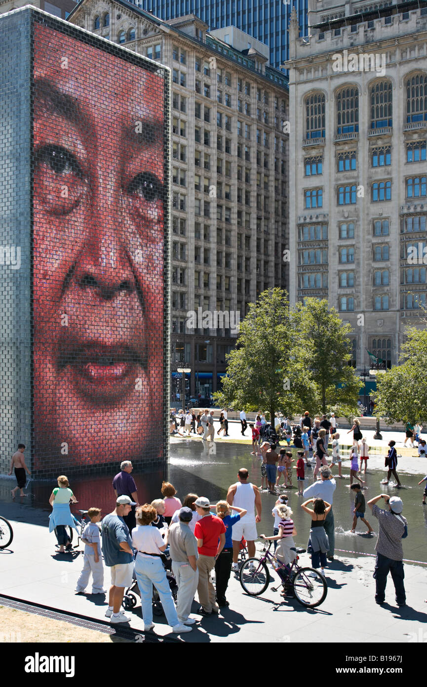 ILLINOIS Chicago Crown Fountain in Millennium Park face on giant video ...