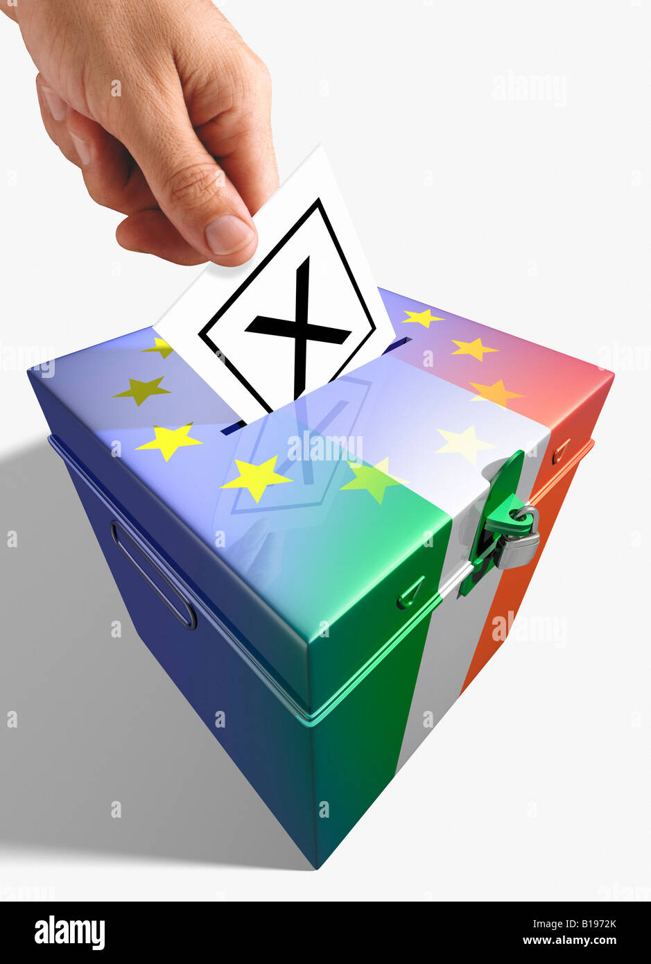 European flag ballot box merging with Irish flag. Male hand placing X ...