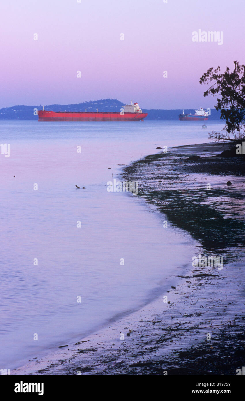 Two freighters at dusk along Cherry Point Beach, Vancouver Island ...