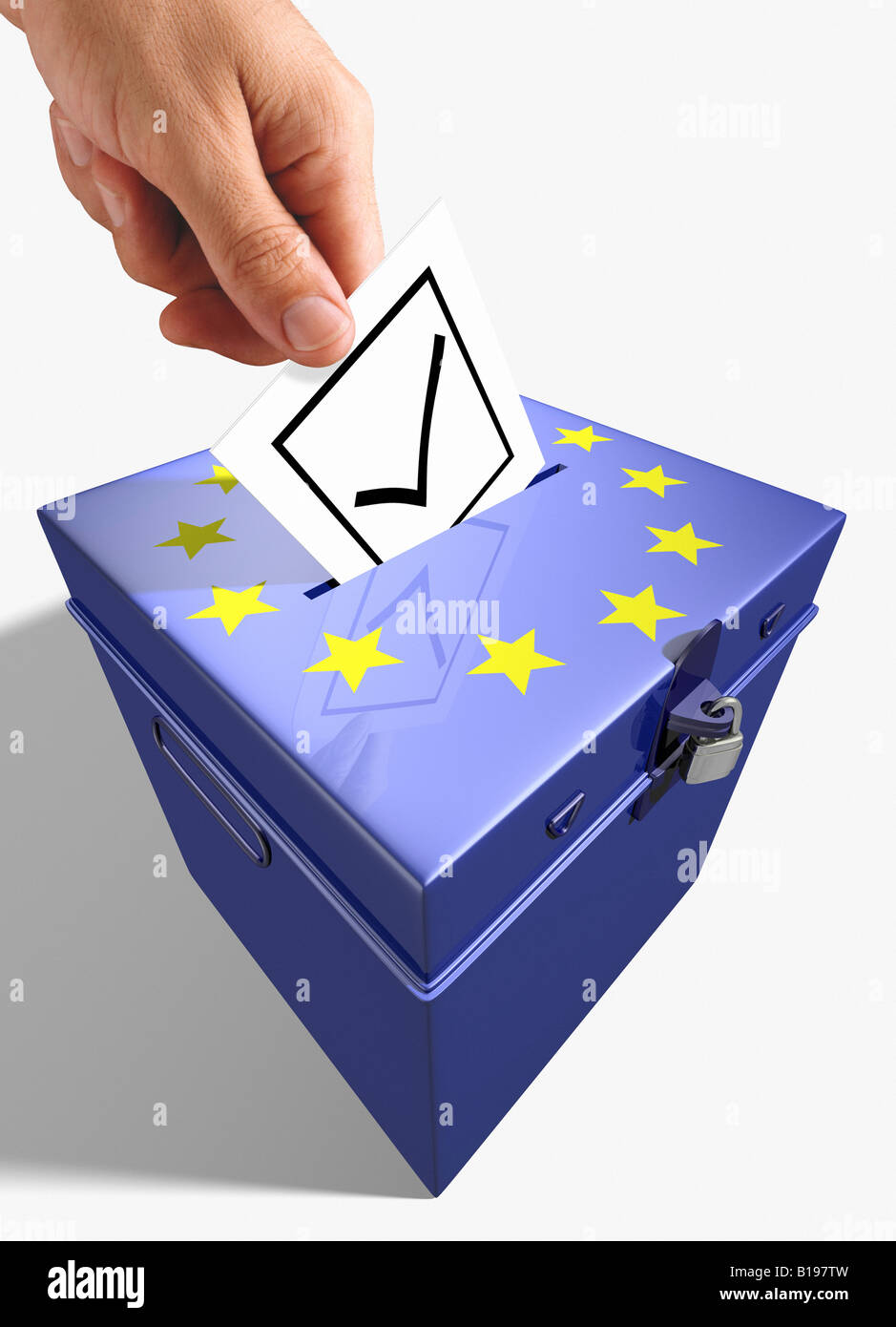 European flag ballot box with male hand placing tick voting slip in ...
