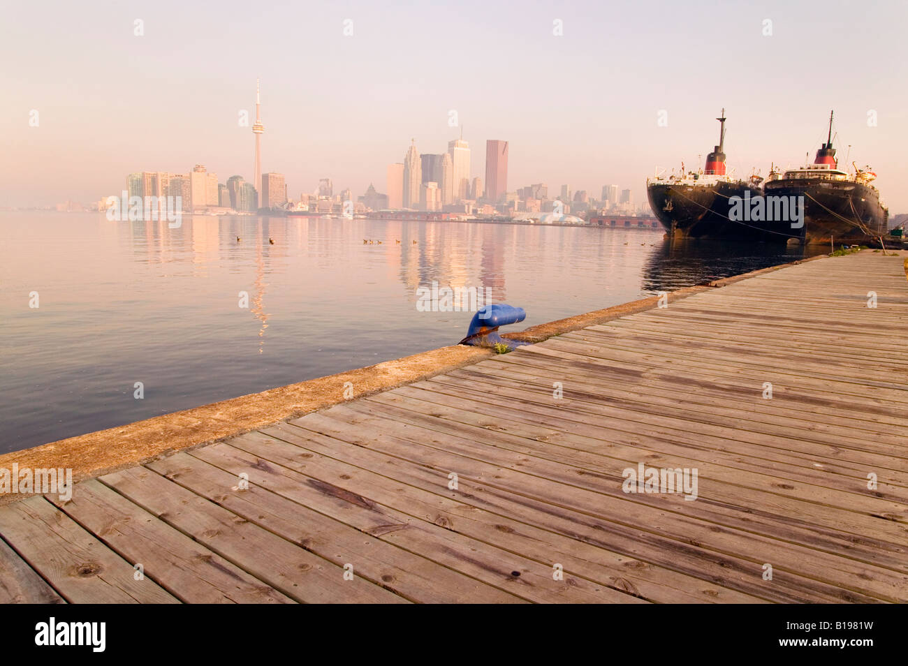 toronto skyline from cherry street with ship and dock in foreground ...