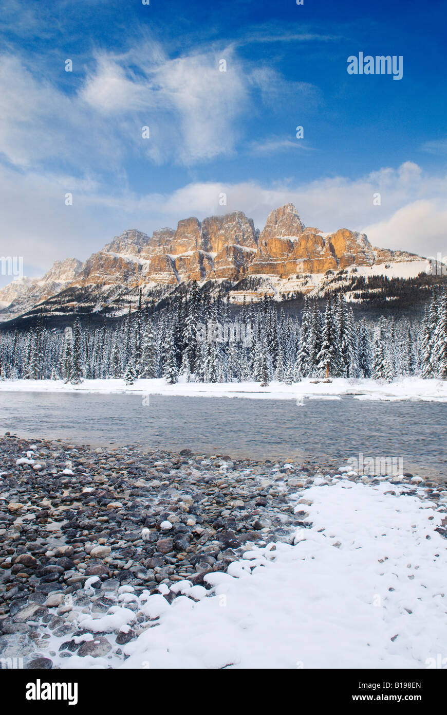 Castle Mountain and Bow River, Castle Junction, Banff National Park, Alberta, Canada Stock Photo ...