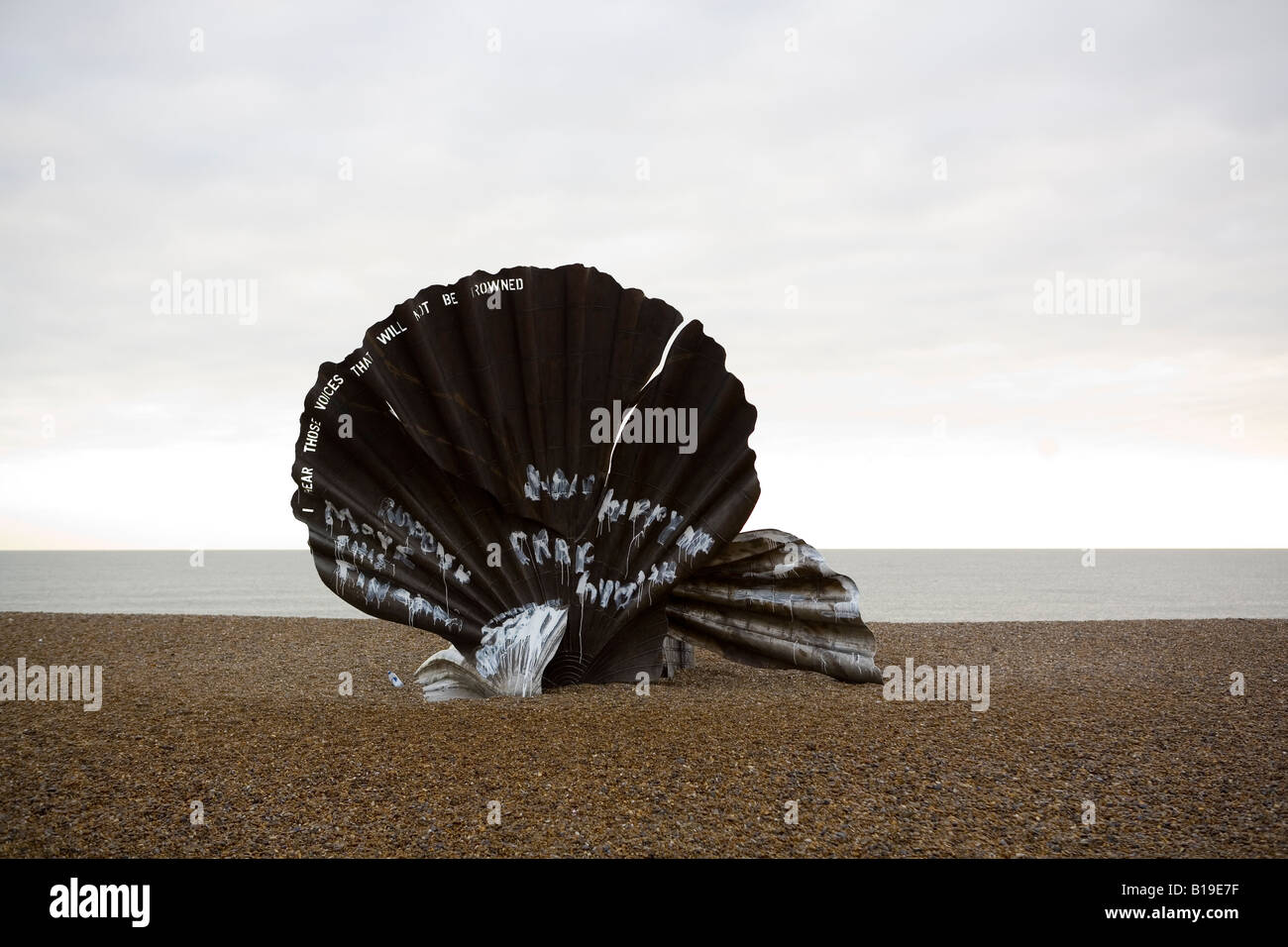 scallop sculpture on aldeburgh beach covered in graffiti Stock Photo ...