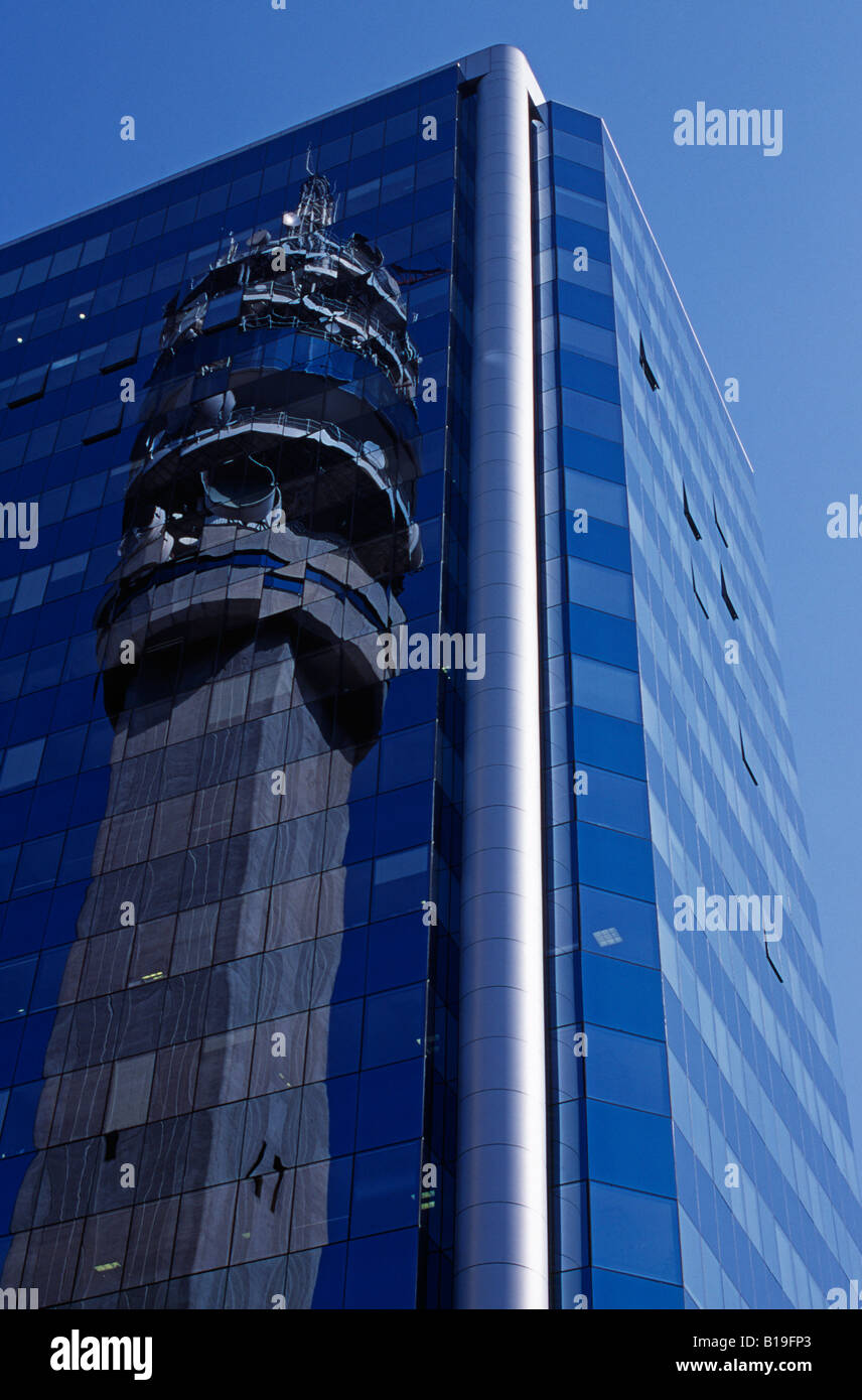 Chile, Santiago. Reflection of the Entel Communications Tower in an ...