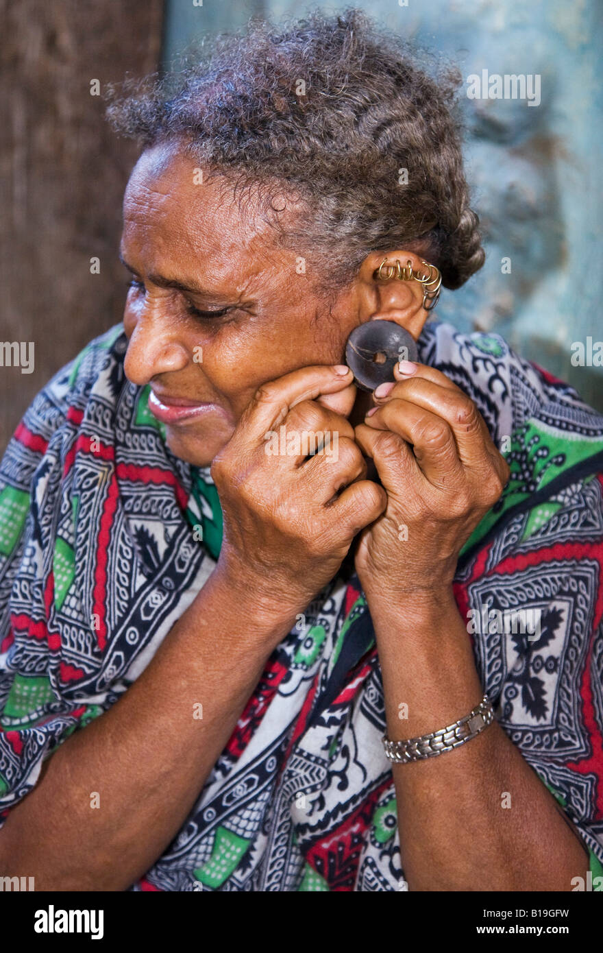 Kenya, Lamu archipelago, Pate Island. An old woman on Pate Island ...