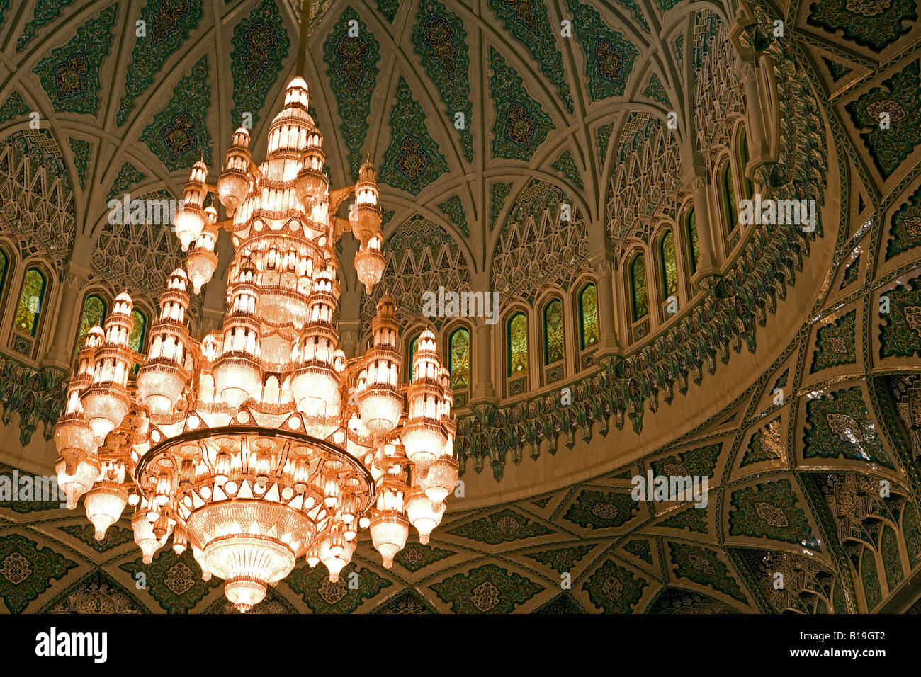 Oman, Muscat, Ghala, Al Ghubrah (Grand Mosque) Mosque. A chandelier in ...
