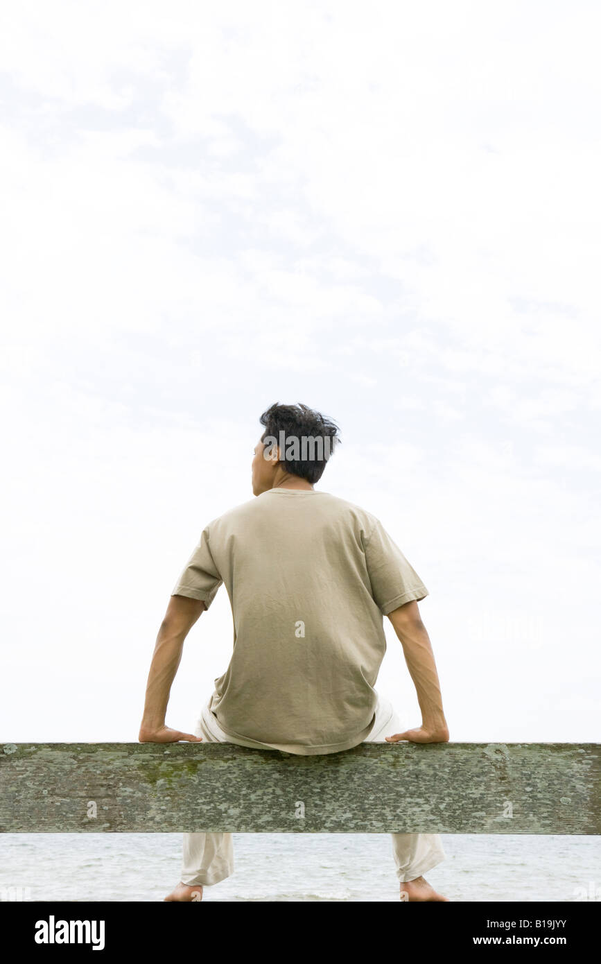 Man sitting on rail, facing ocean, rear view Stock Photo - Alamy