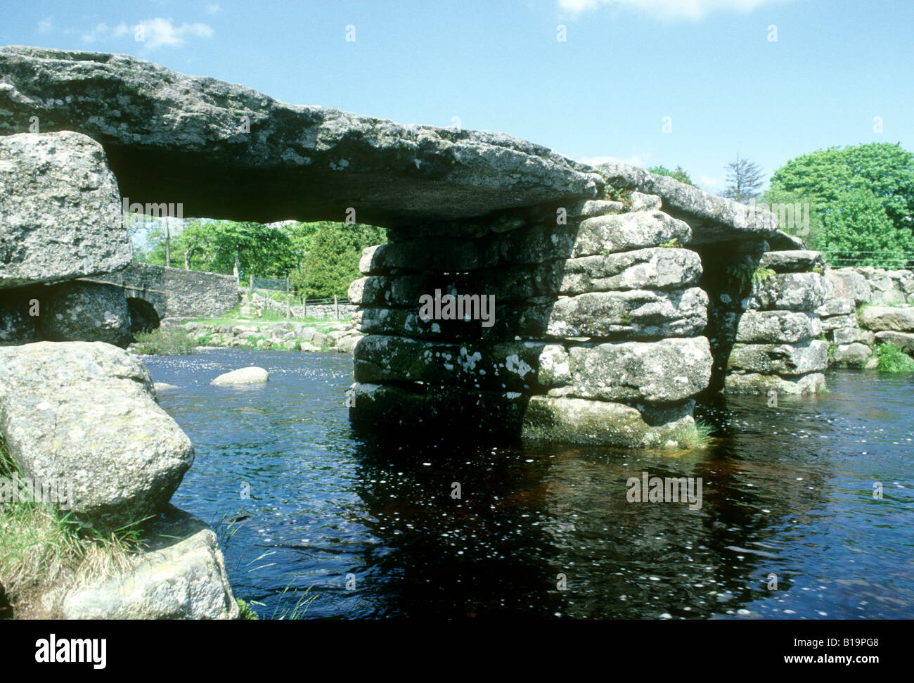 Postbridge Devon Stone slab Medieval Clapper Bridge River Dart England ...