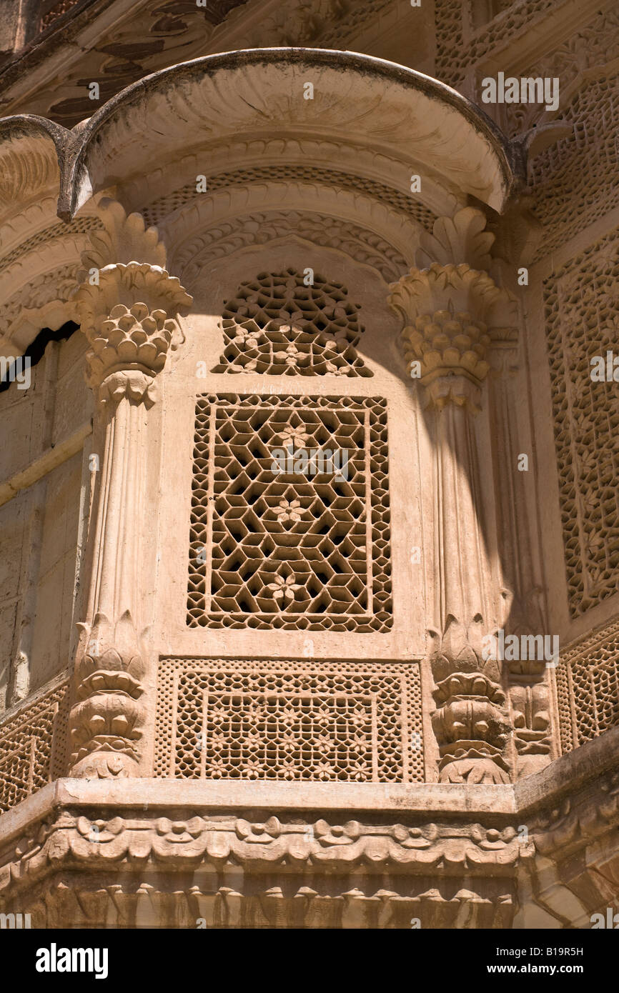 A stone carved window at the MEHERANGARH FORT built by Maharaja Man ...