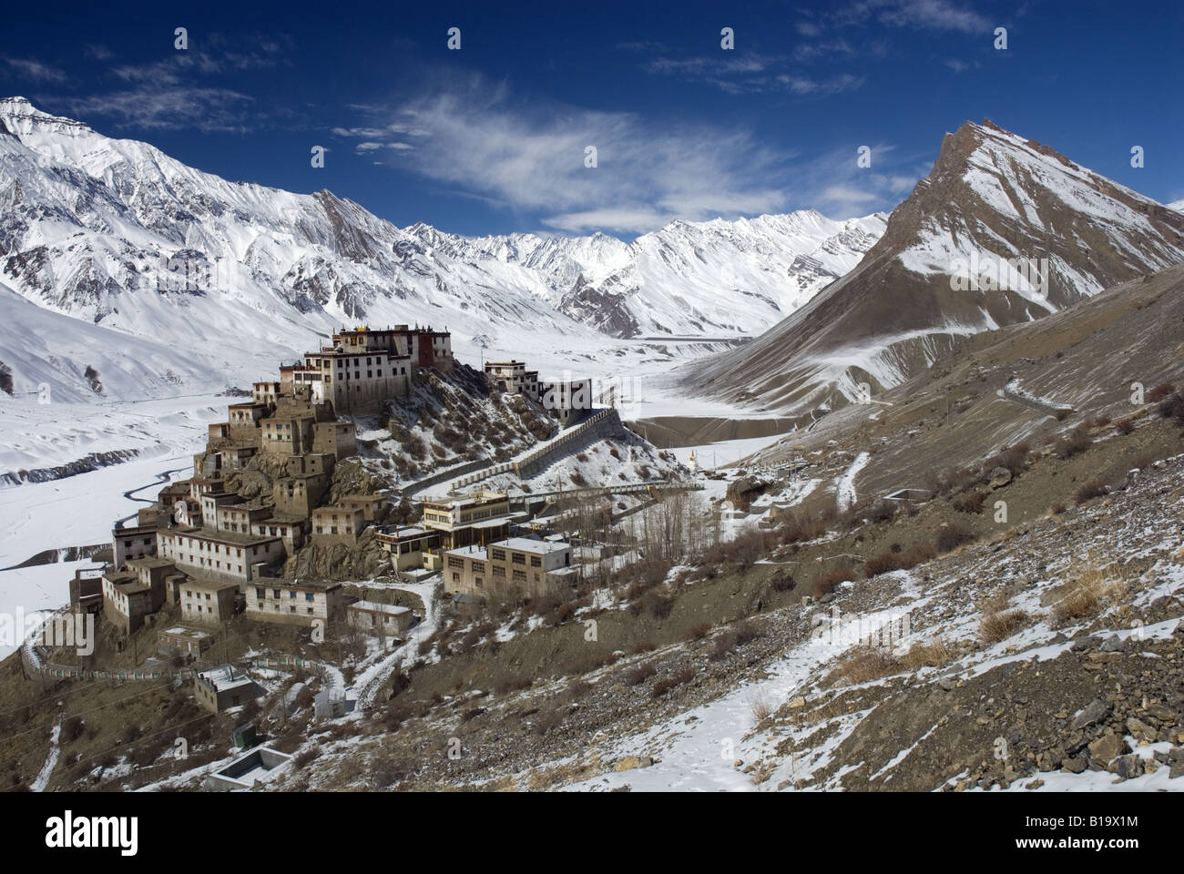 Ki monastery/gompa set against snow-covered mountains. It is located ...