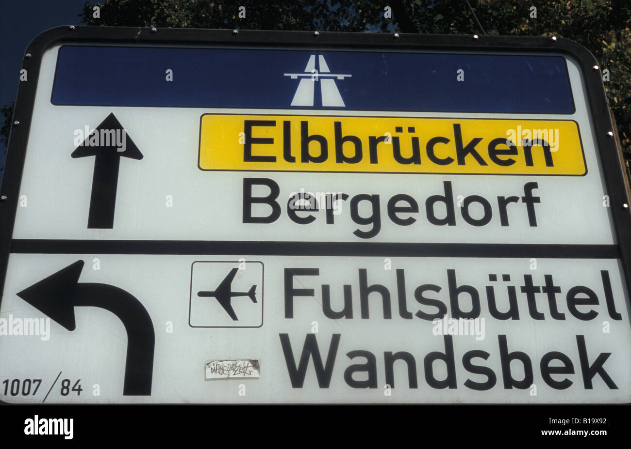 Road sign for airport, Elbbruecken (bridge over Elbe river) and highway ...