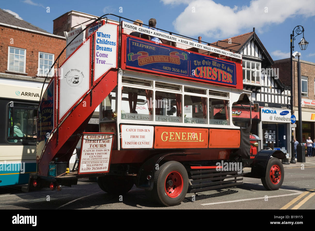 Vintage open top red double decker tourist bus for city centre heritage sightseeing tour ...