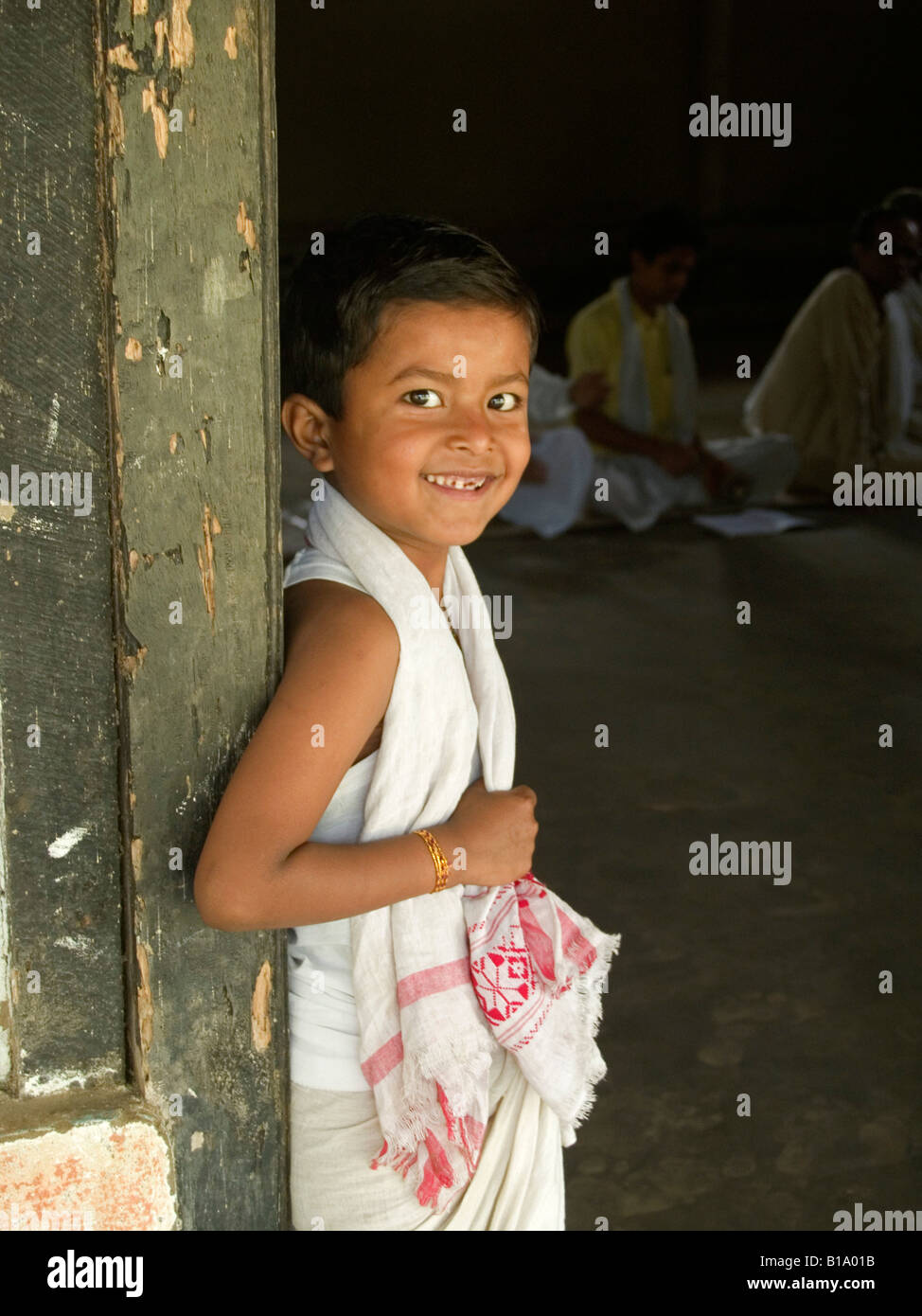Vishnavaite monk boy at his monastery on Majuli Island in Assam India ...
