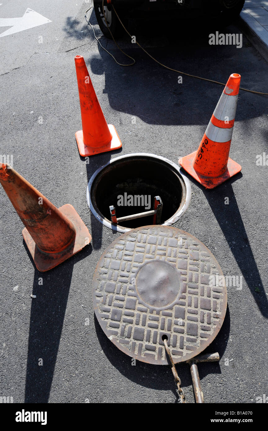 Man hole in street with access to a sewer system Stock Photo - Alamy