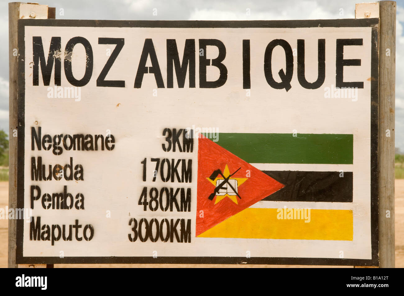 Roadsign near the new border bridge over the Rovuma river between ...