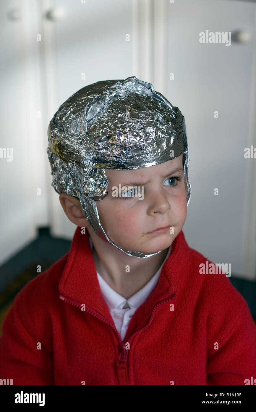 Small boy wearing helmet made out of tin foil Stock Photo - Alamy