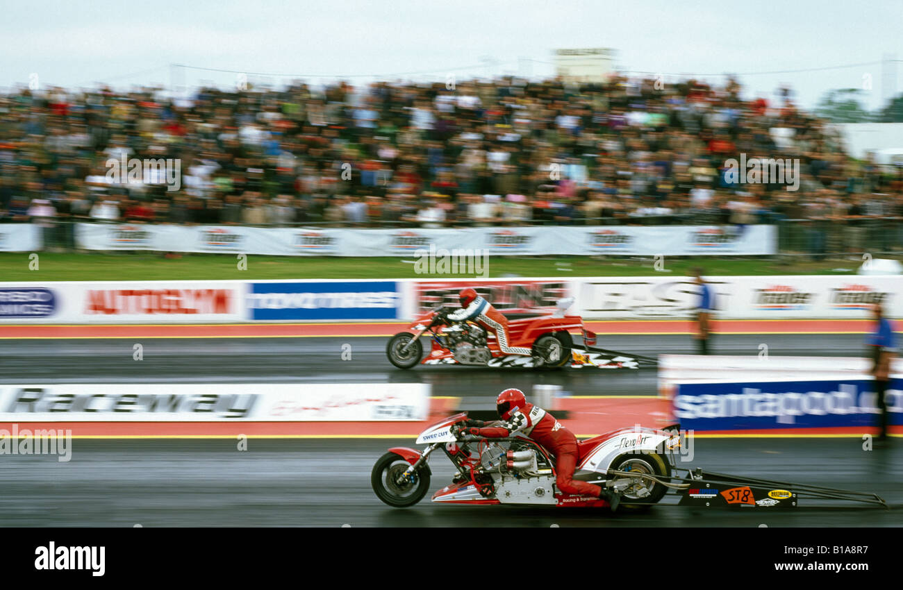 Super twins motorcycle drag bikes ridden by Per Bengtsson (nearside ...