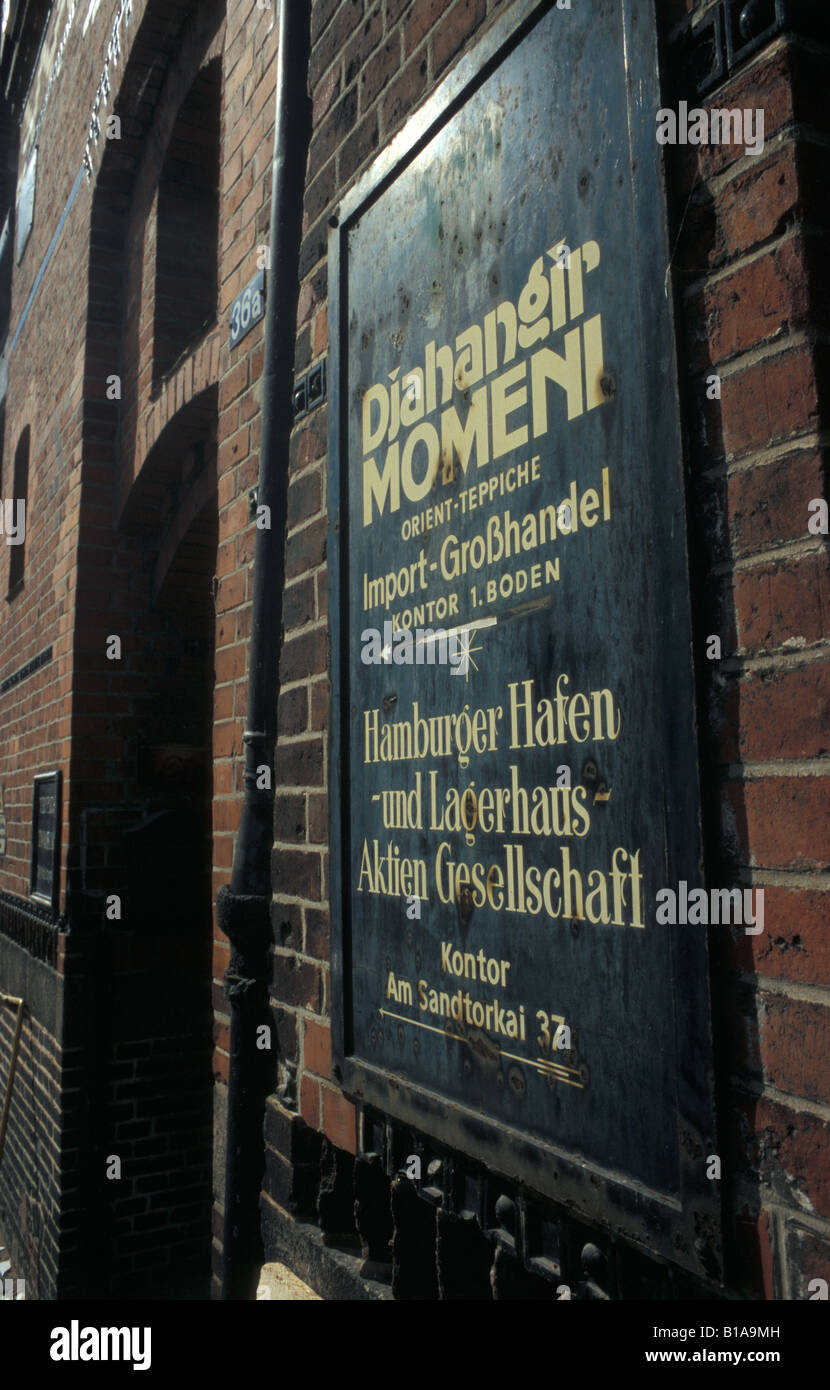 Typical traditional company sign in Speicherstadt warehouse city ...