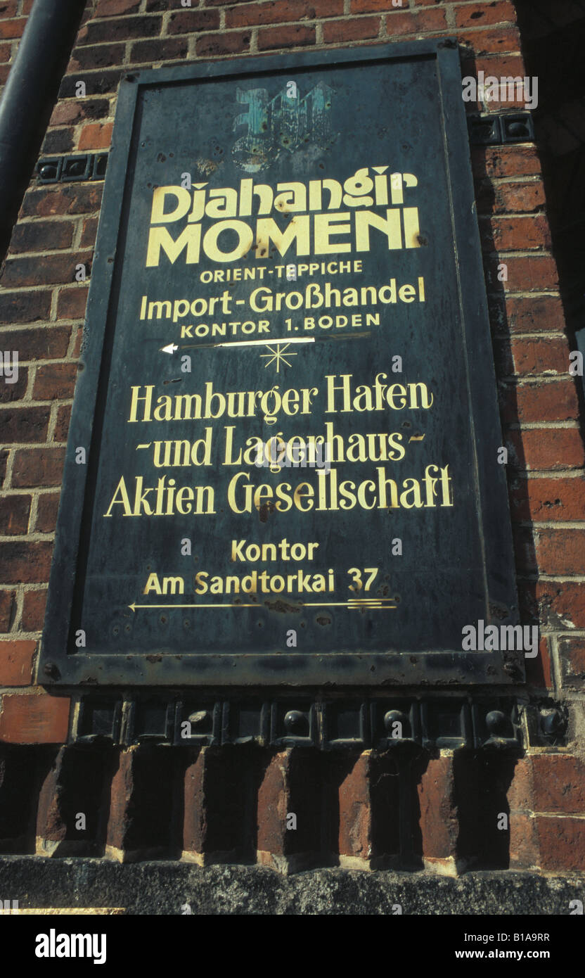 Typical traditional company sign in Speicherstadt warehouse city ...