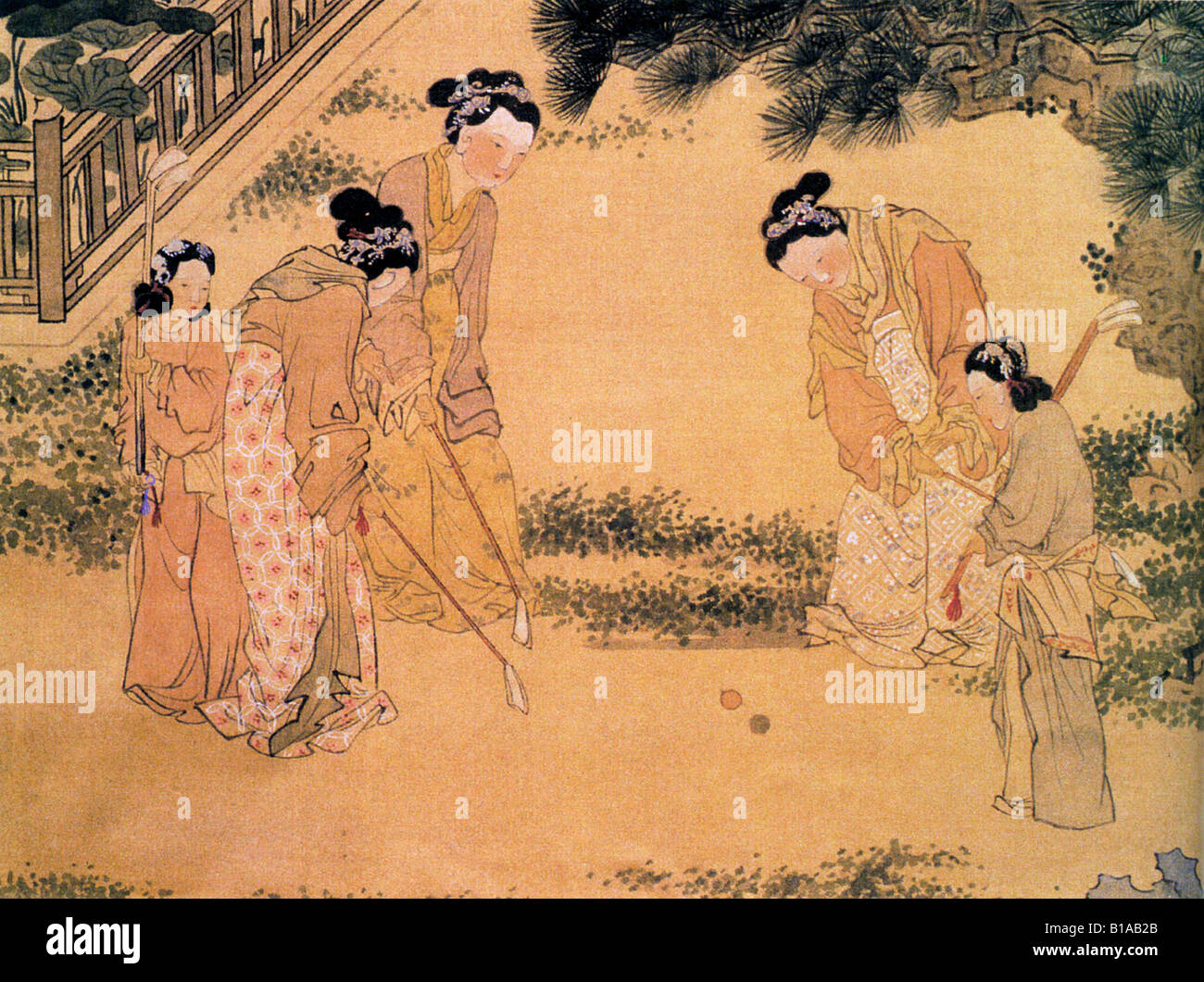 paint about ancient young women playing games like golf Stock Photo - Alamy