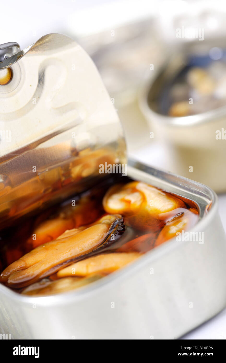 Close-up of canned mussels (vertical Stock Photo - Alamy