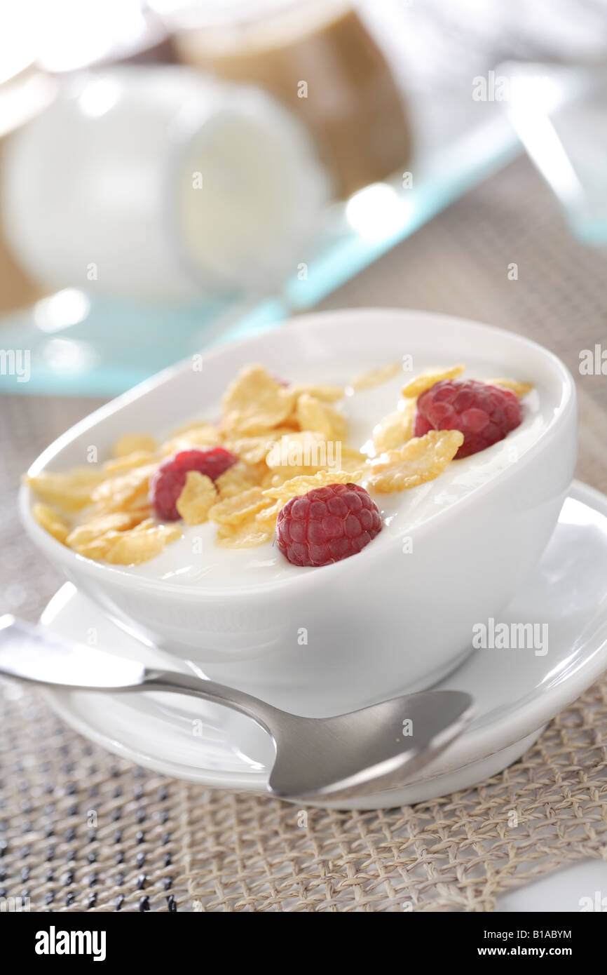 Yoghurt with cereals and raspberries Stock Photo - Alamy