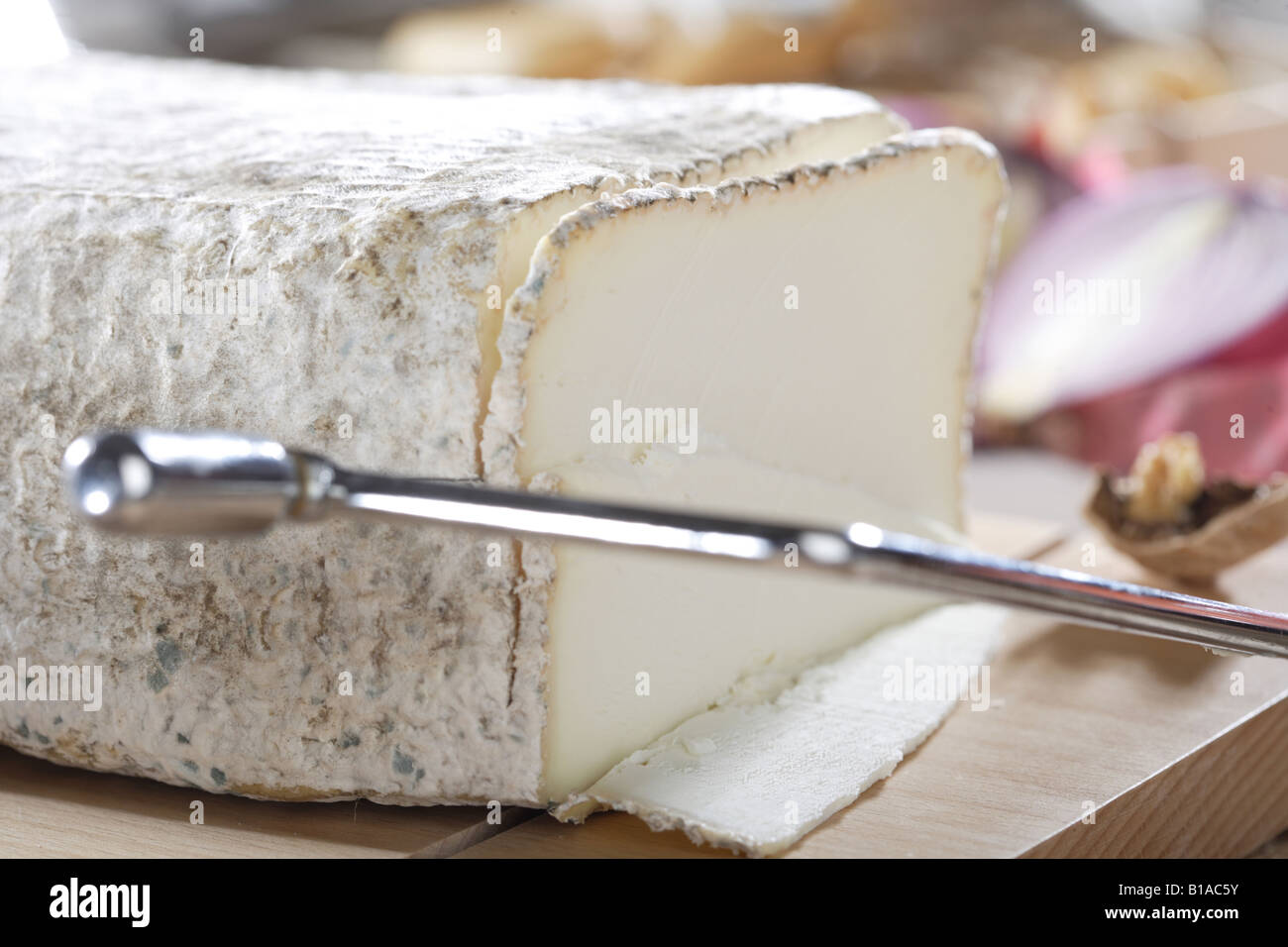 Cutting goat cheese with a cheese slicer (detail Stock Photo - Alamy