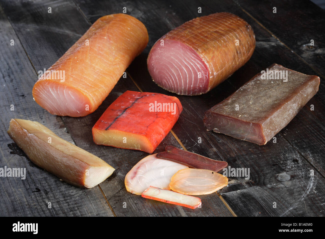 Still life of smoked and cured products Stock Photo - Alamy