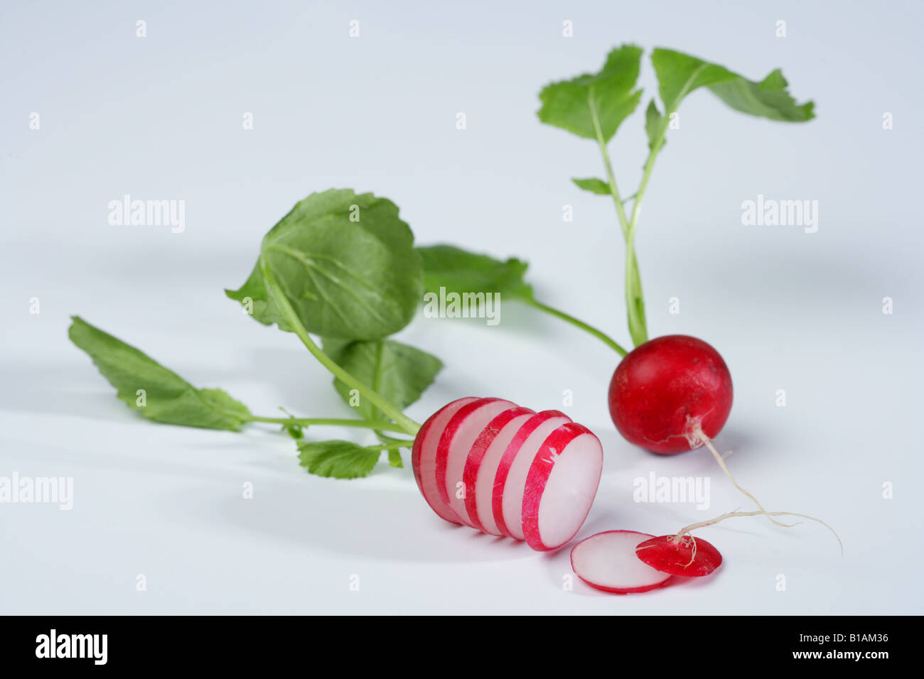 Two radishes on white background, one sliced Stock Photo - Alamy