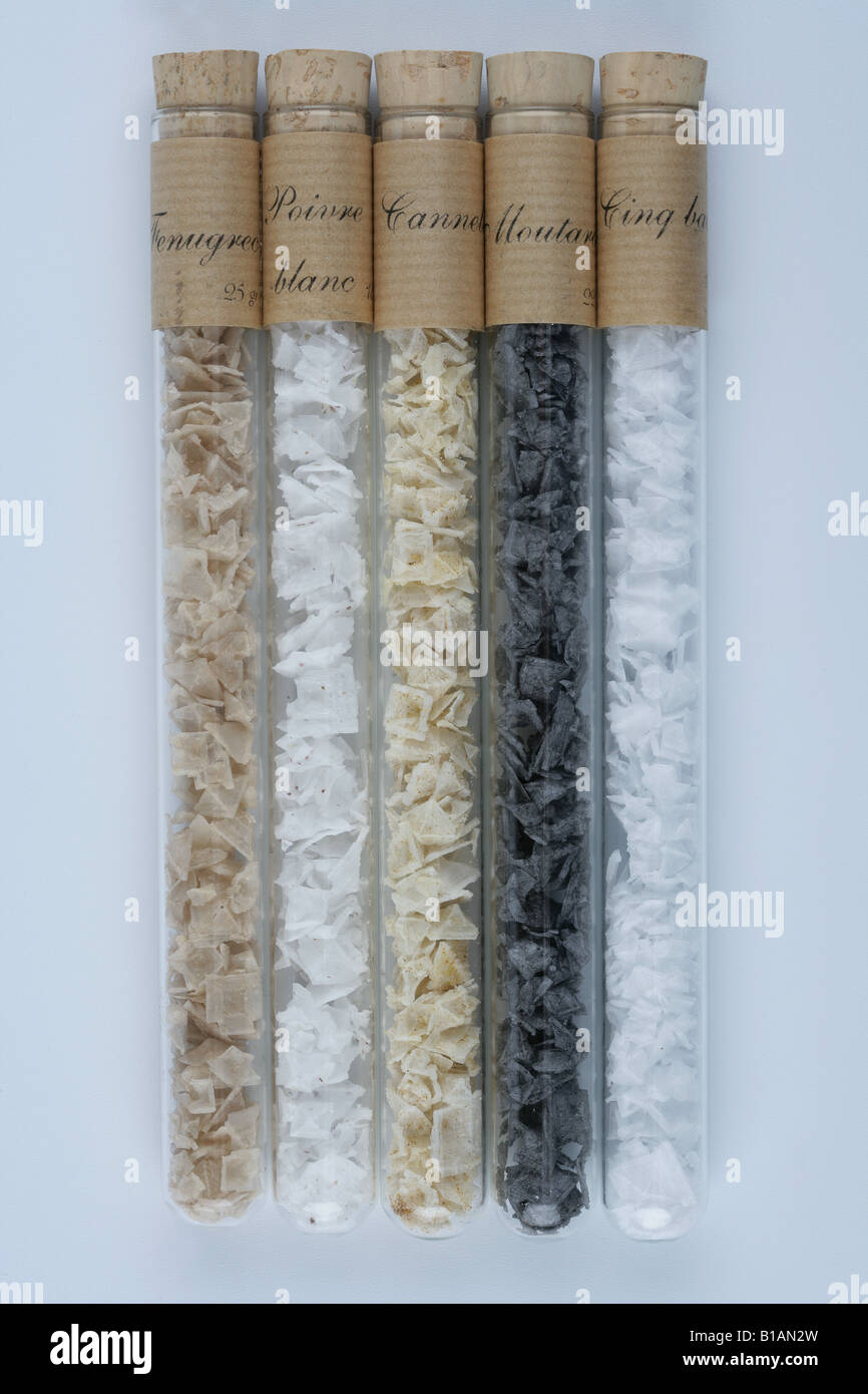 Assorted crystal salt in test tubes Stock Photo - Alamy