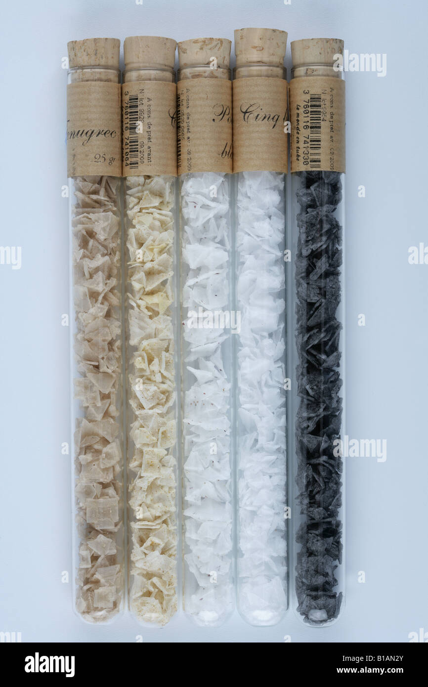 Assorted crystal salt in test tubes Stock Photo - Alamy