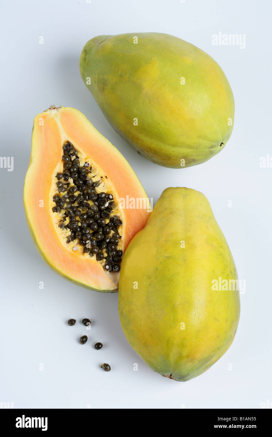 Two papayas (one opened, zenithal Stock Photo - Alamy