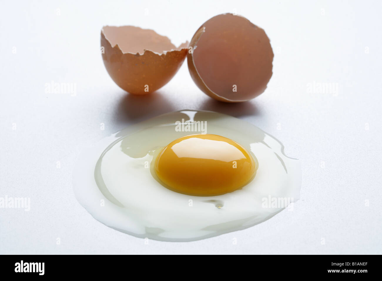 Raw egg on white background with its shell beside Stock Photo - Alamy