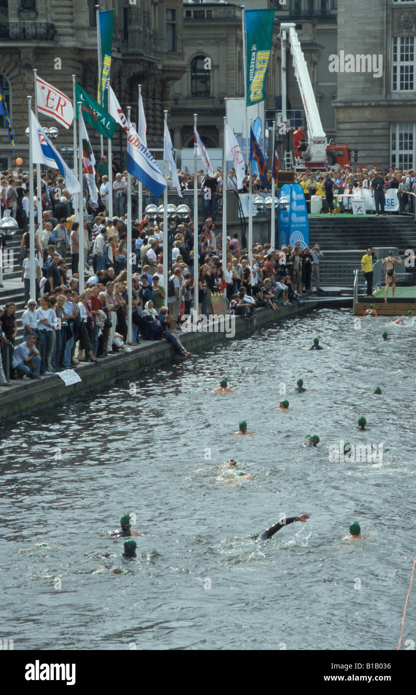 Spectators, swimmers, triathlon at Kleine Alster swimming stretch just ...