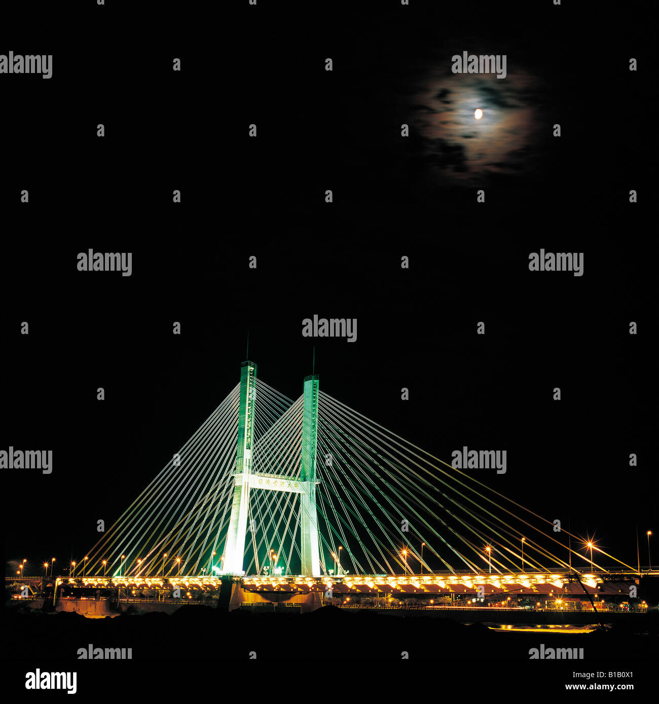 bridge over Yellow River at night,Lanzhou,Gansu,China,moon in sky Stock ...