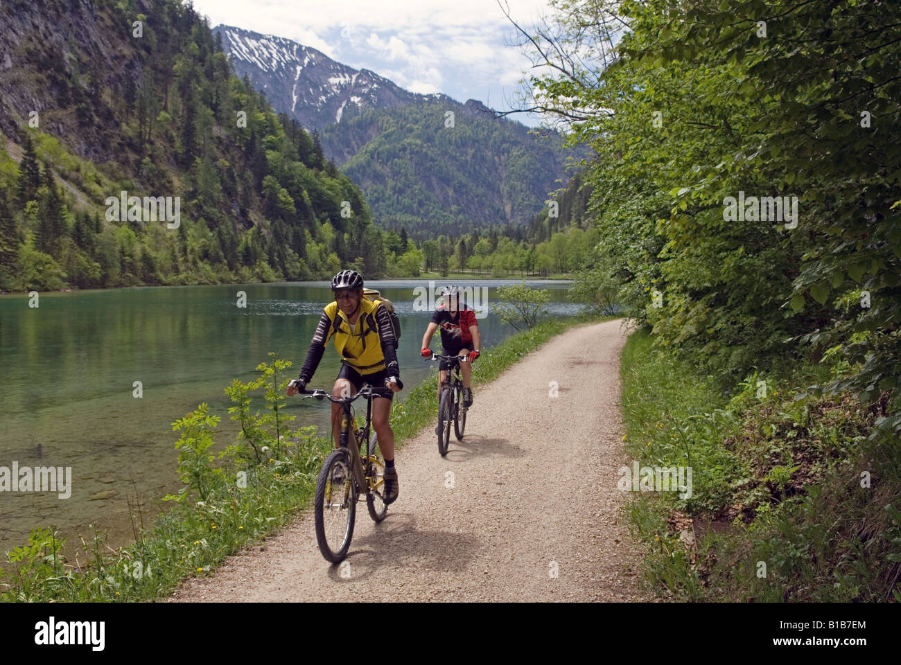 Cyclists riding on a cycle path, Seegatterl, Bavaria, Germany Stock ...