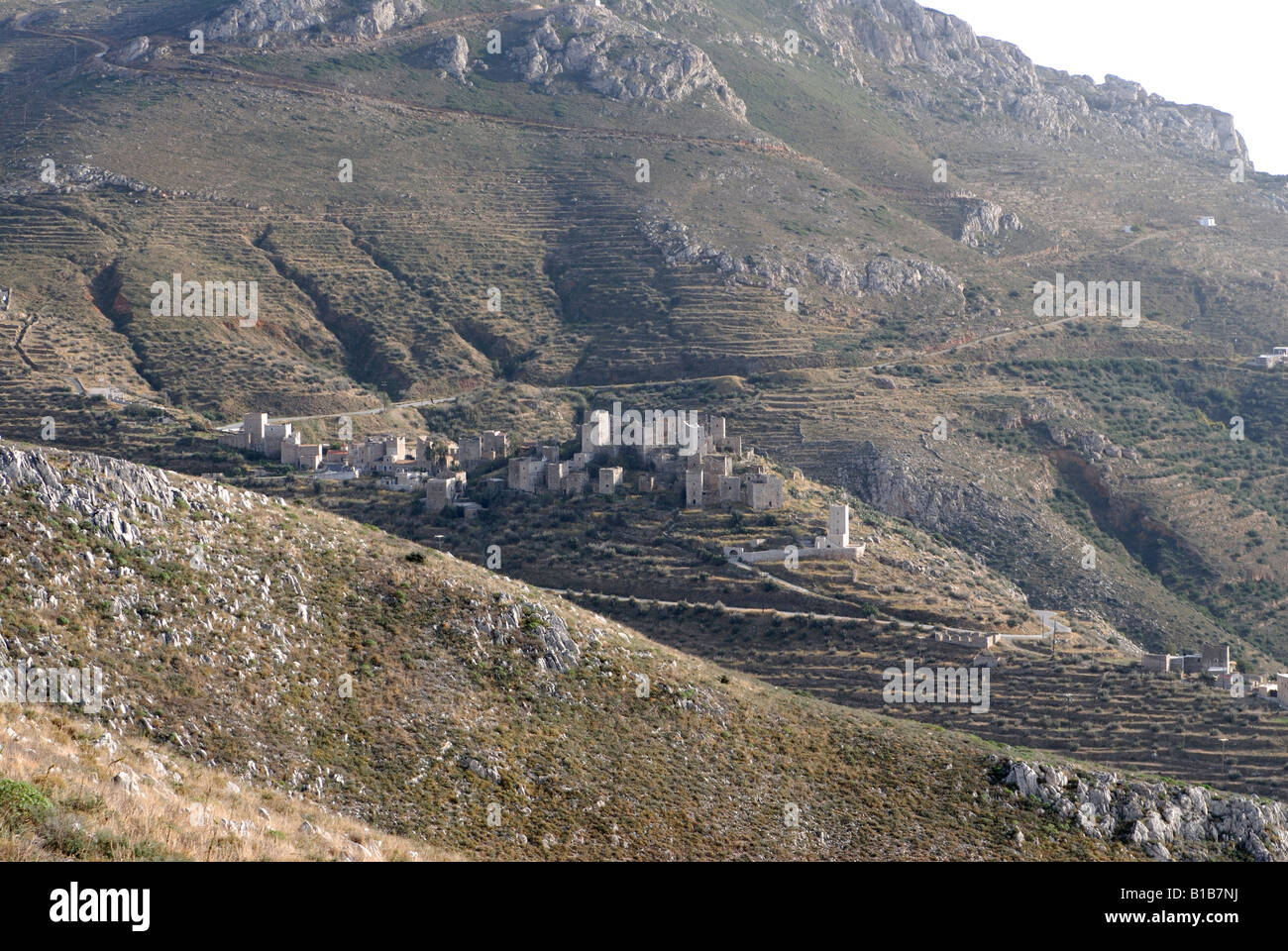 The mid age village of Vathi with its watchtowers in the Mani ...