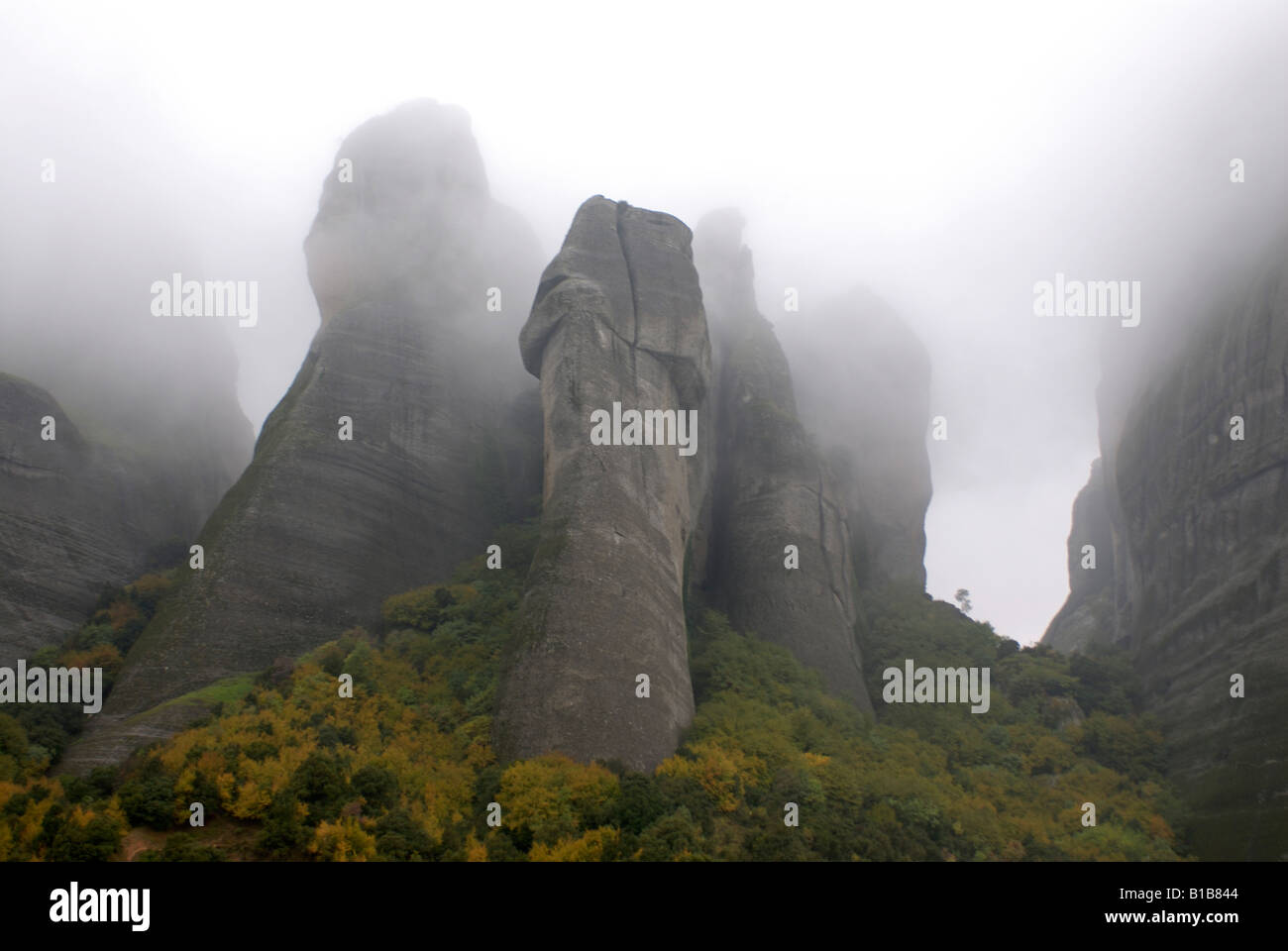 Granit rock formations in the fog in the Meteora monasteries Greece ...
