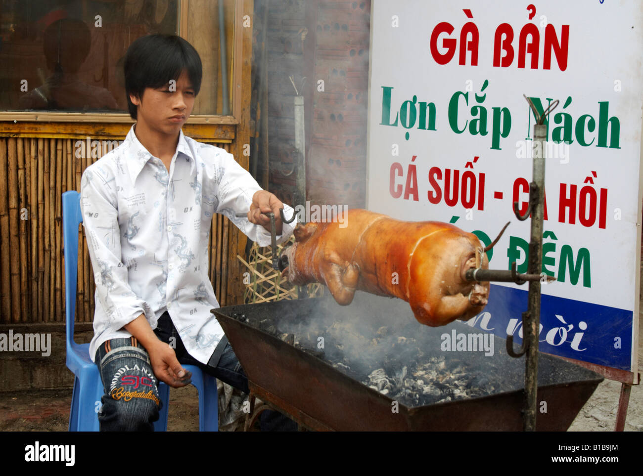 Man Cooking Whole Pig On A Spit, Sapa, Vietnam Stock Photo - Alamy