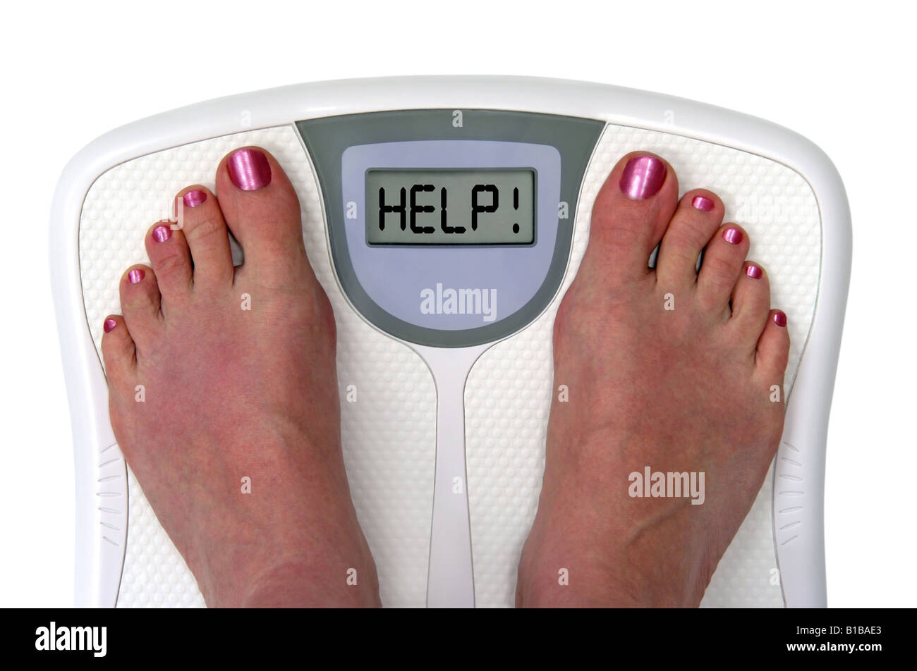 Feet on a bathroom scale with the word help on the screen Isolated ...