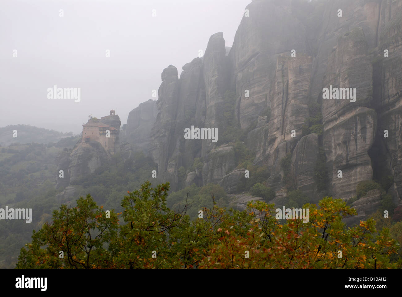 Granit rock formations in the fog in the Meteora monasteries Greece ...