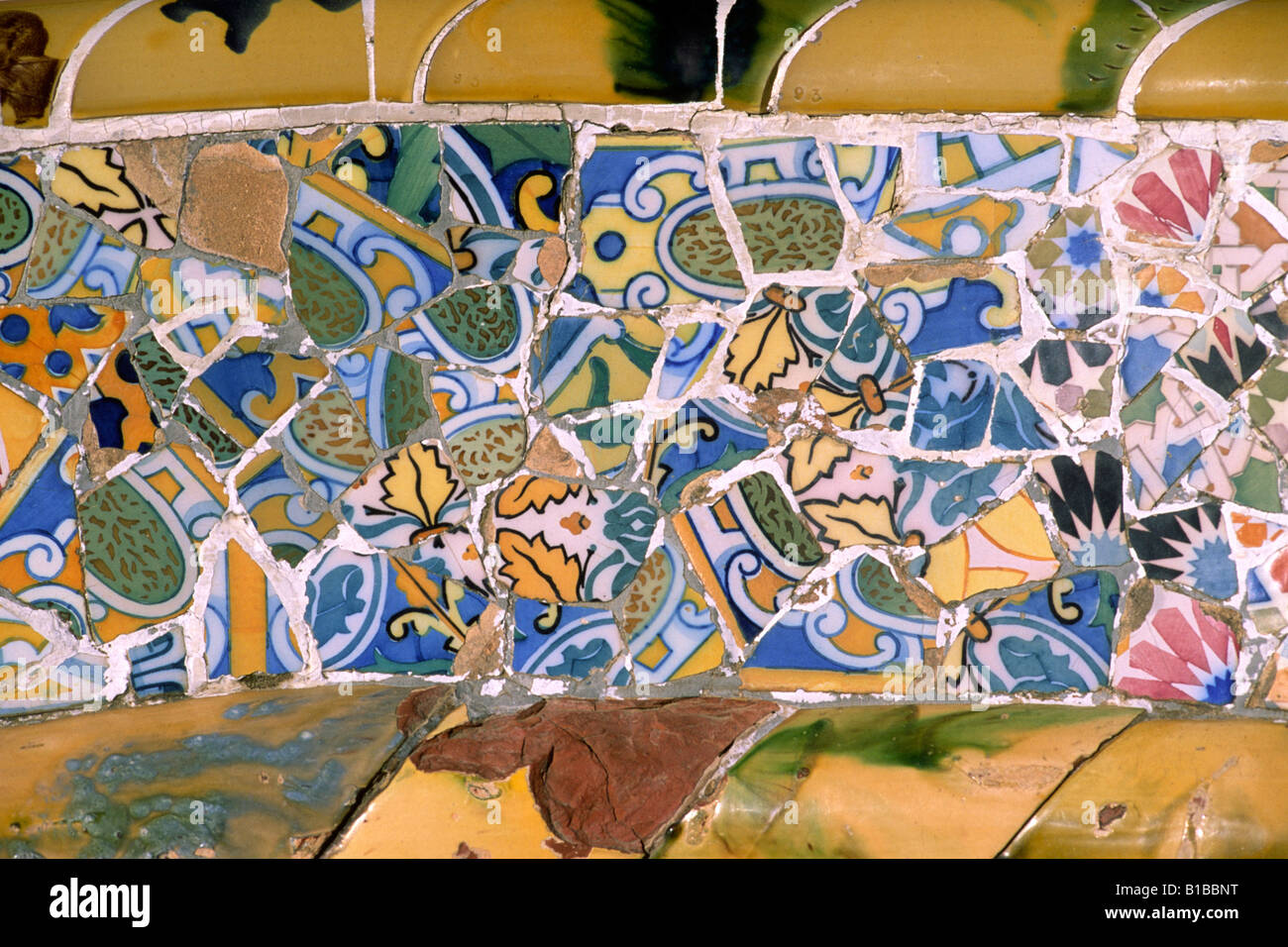 Spain, Barcelona, Parc Güell, architect Antoni Gaudì, tiles close up ...