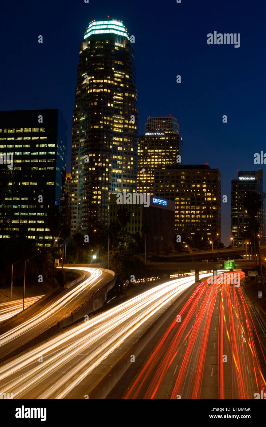 Downtown Los Angeles and the 110 Harbor Freeway at dusk California CA ...
