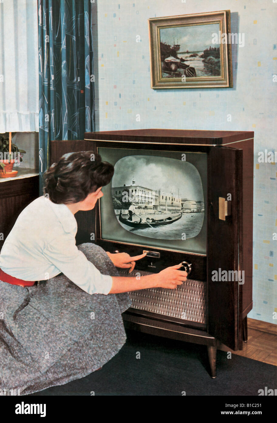 broadcast, television, viewers, woman switch on TV set, technic ...