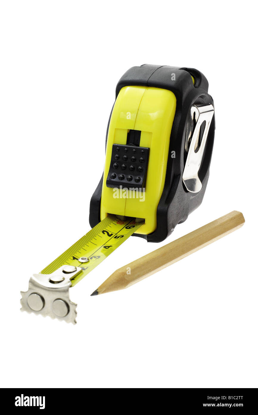 Yellow measuring tape and marking pencil on white Stock Photo - Alamy