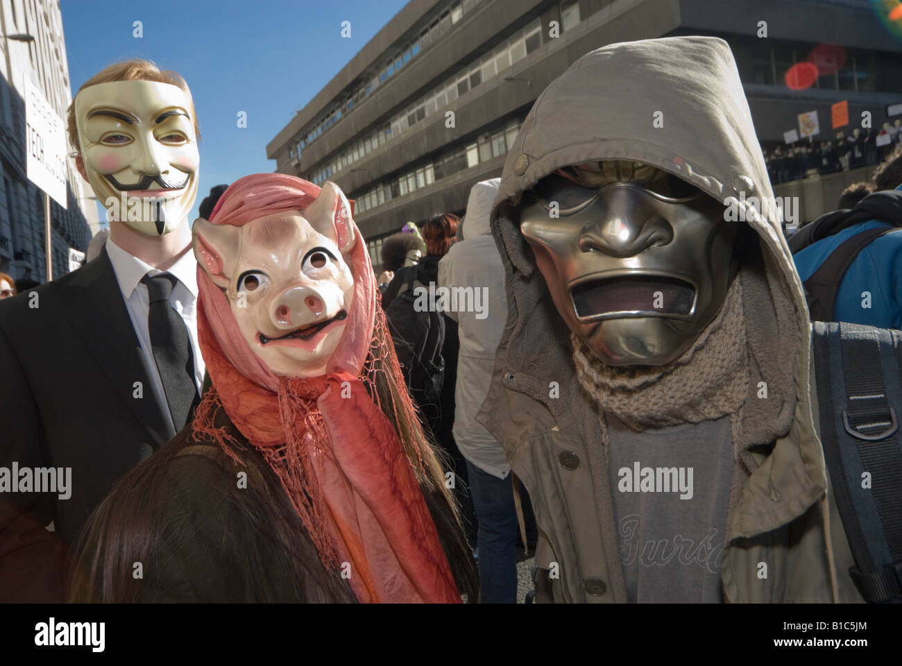 Pig and other masks worn by 'Anonymous' demonstrators outside Church of ...